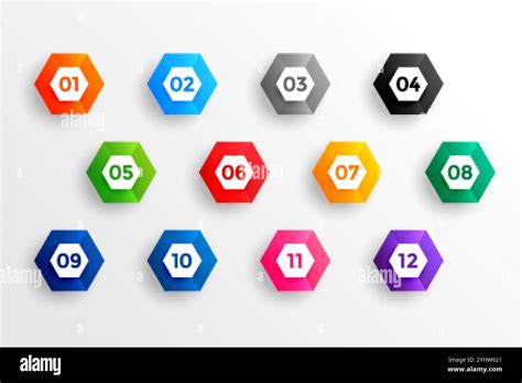 Number Bullet Points In 3d Hexagon Shape From One To Twelve Stock