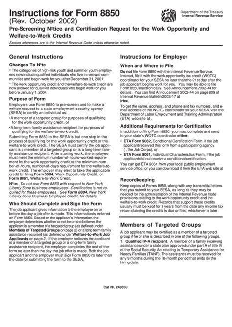 Instructions For Form 8850 Pre Screening Notice And Certification