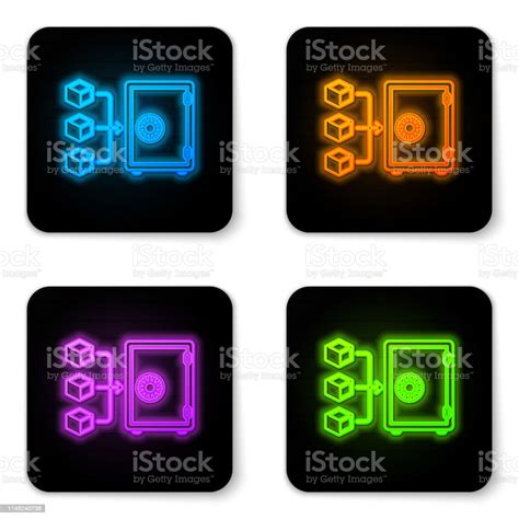 흰색 배경에 고립 된 스테이크 아이콘의 빛나는 네온 증거 암호 화폐 경제 및 금융 컬렉션 검은색 사각형 단추입니다 벡터 일러스트 개념에 대한 스톡 벡터 아트 및 기타 이미지