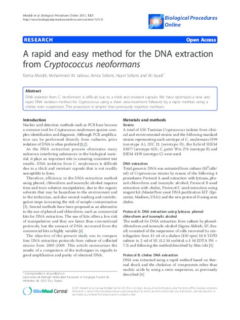 Pdf A Rapid And Easy Method For The Dna Extraction From Cryptococcus Neoformans