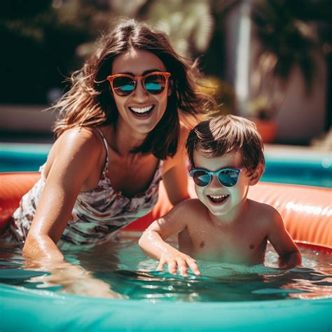 Niño Jugando En La Piscina Junto Con La Madre Foto Premium