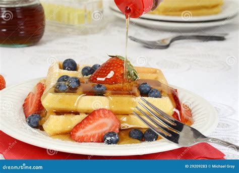 Syrup Poured On Fruit Waffles Stock Image Image Of Dessert
