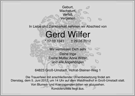 Traueranzeigen Von Gerd Wilfer Vrm Trauer De