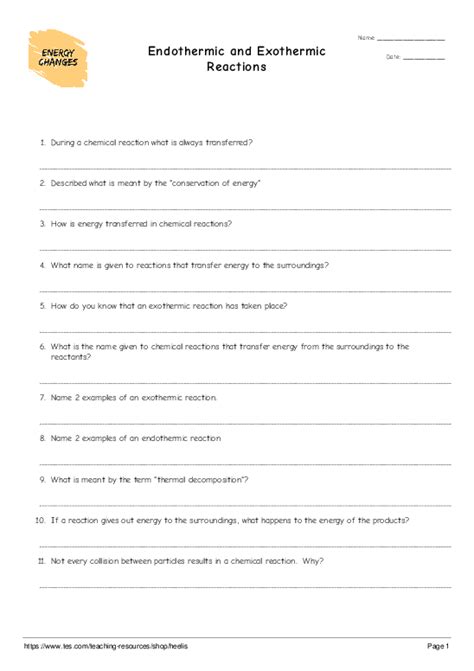 Exothermic And Endothermic Reactions Worksheet Prntbl