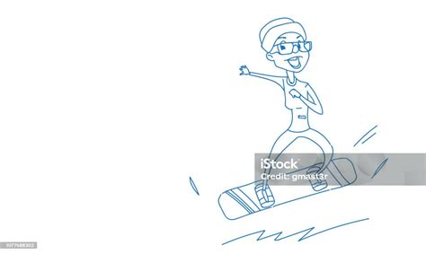 스노 여자 타고 스노우 보드 겨울 방학 취미 개념 Sportswoman 활동 여성 캐릭터 전체 길이 가로 스케치 낙서 건강한 생활방식에 대한 스톡 벡터 아트 및 기타 이미지