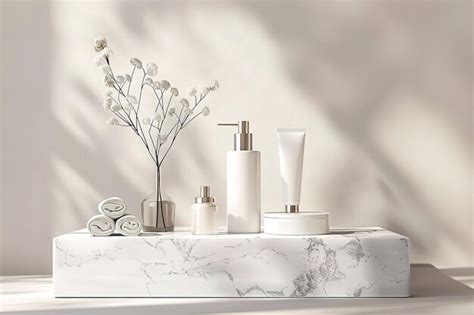 Premium Photo Modern Bathroom Essentials On Marble Podium With Plant
