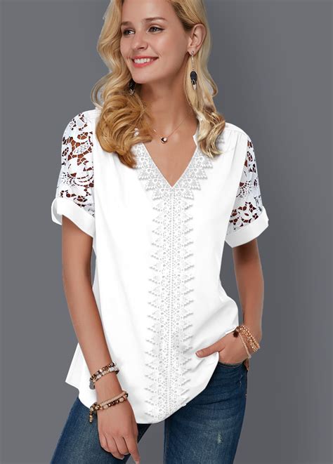 Short Sleeve Lace Panel Split Neck Blouse Usd 2598
