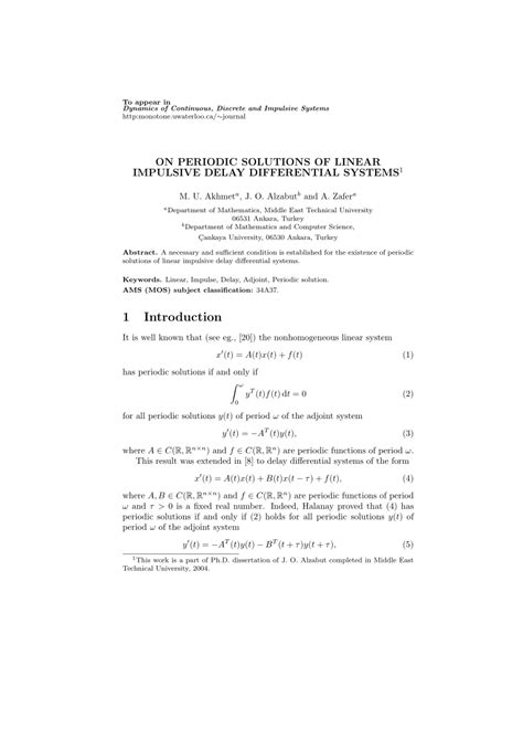 Pdf On Periodic Solutions Of Linear Impulsive Delay Differential Systems