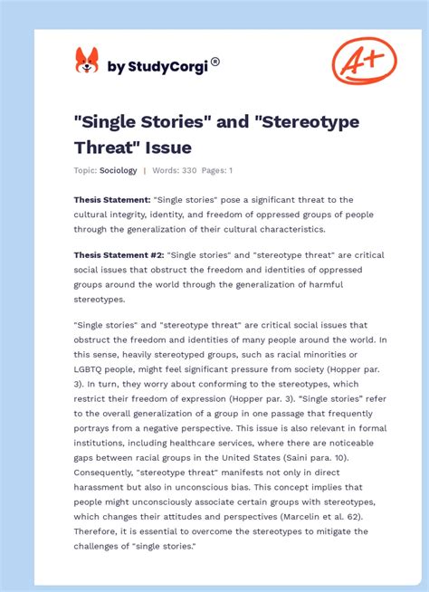 Single Stories And Stereotype Threat Issue Free Essay Example