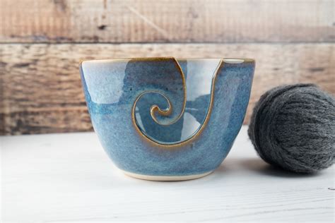 Yarn Bowl Denim Blue Stoneware Knitting Bowl Thrown In Stone