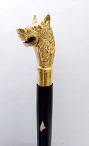 Victorian Brass Wolf Head Handle Vintage Wooden Cane Gem
