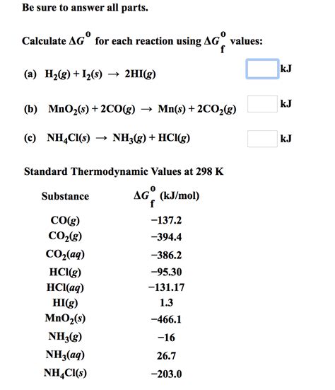 Solved Calculate Δg0 For Each Reaction Using Δgf0 Values