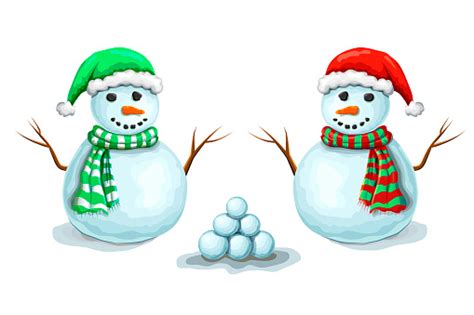 흰색 배경에 고립 된 눈덩이와 커플 눈사람의 벡터 컬렉션입니다 산타 모자와 스카프에 설정 귀여운 미소 눈사람 Xmas 또는 겨울 기호 손으로 그린 만화 휴일 문자 0명에