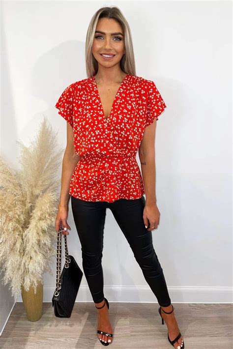 Red Floral Wrap Over Peplum Top Ax Paris Us
