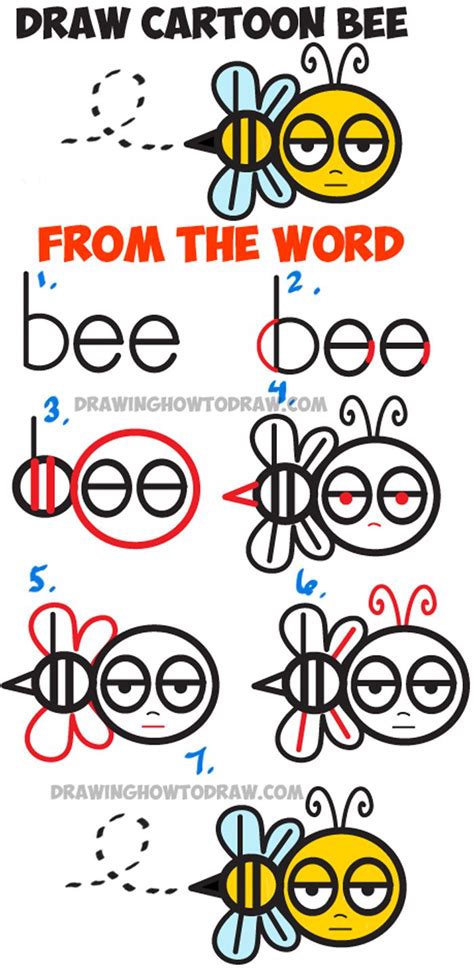 How To Draw Cartoon Bee From The Word Bee Easy Step By Step Drawing