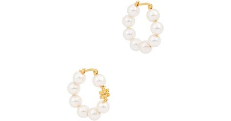 Tory Burch Kira Faux Pearl Embellished Hoop Earrings In Gold White Lyst