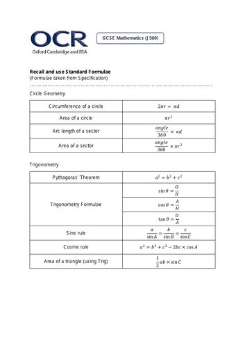 Ocr Gcse Maths Formulae Sheet Teaching Resources