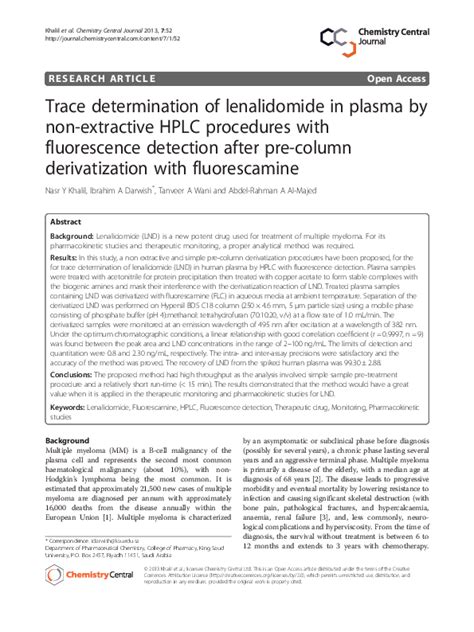 Pdf Trace Determination Of Lenalidomide In Plasma By Non Extractive