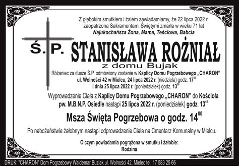 Nekrologi Dom Pogrzebowy Charon Waldemar Buziak