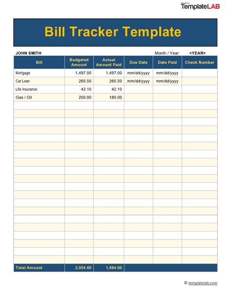 Excel Template For Bill Tracking