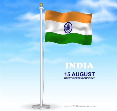 Flying Indian Flag On Flagpole In Cloudy Blue Sky Background Indian