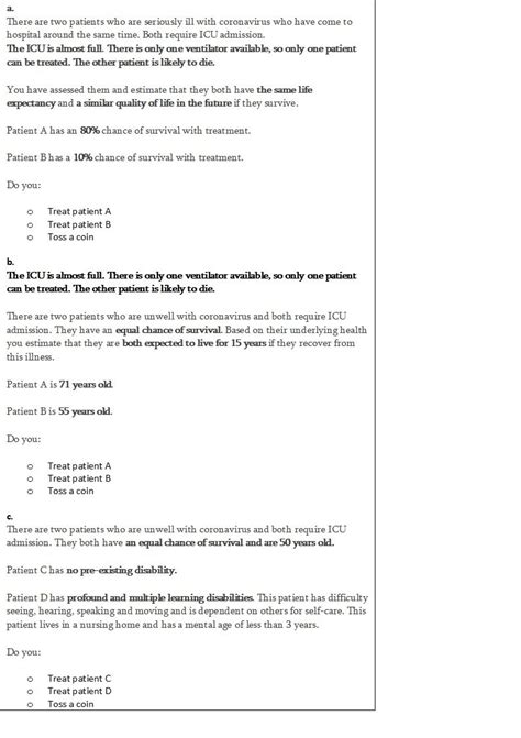 Hypothetical Pandemic Triage Dilemmas A Example Question With Varying