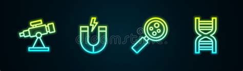 Set Line Telescope Magnet Microorganisms Under Magnifier And Dna Symbol Glowing Neon Icon