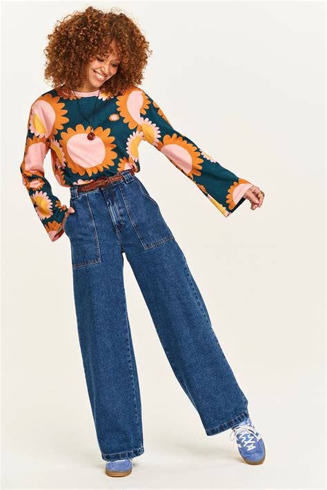 Delores Wide Leg Denim Jeans In Mid Wash Blue Lucy And Yak