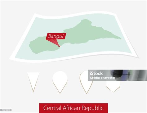 灰色の背景に首都バンギと中央アフリカ共和国の曲面紙地図4つの異なるマップピンセット アイコンのベクターアート素材や画像を多数ご用意