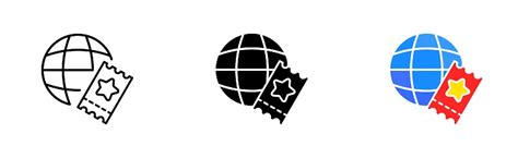 지구본 세트 아이콘이 있는 티켓 적도 비행기 공항 교통 Qrcode 휴가 목적지 비행기 Vip 사람 개념입니다 선에 있는 벡터 아이콘 흰색 배경에 검은색과 화려한 스타일