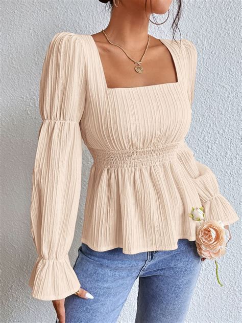 Square Neck Flounce Sleeve Peplum Blouse Peplum Top Outfits Fashion Tops Blouse White Peplum