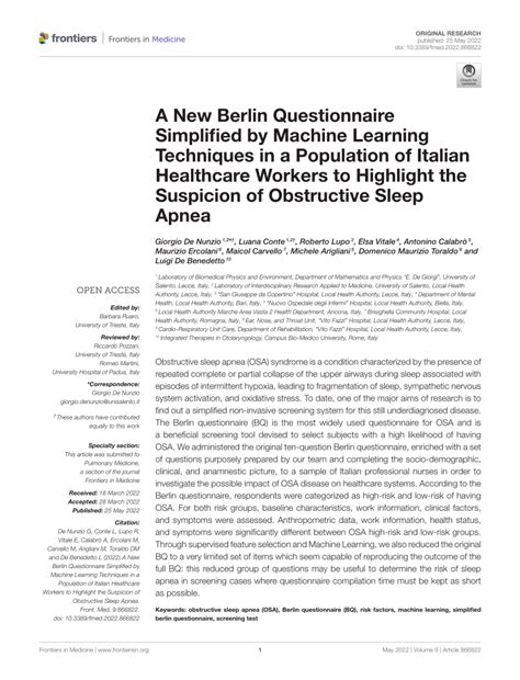 Pdf A New Berlin Questionnaire Simplified By Machine Learning Techniques In A Population Of