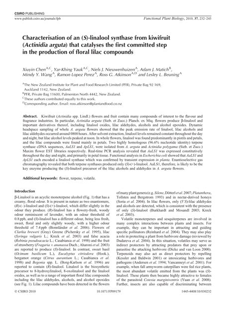Pdf Characterisation Of An S Linalool Synthase From Kiwifruit Actinidia Arguta That