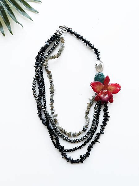 Bloom Tiered Necklace Red Cattleya And Black Agate Tweak Boutique