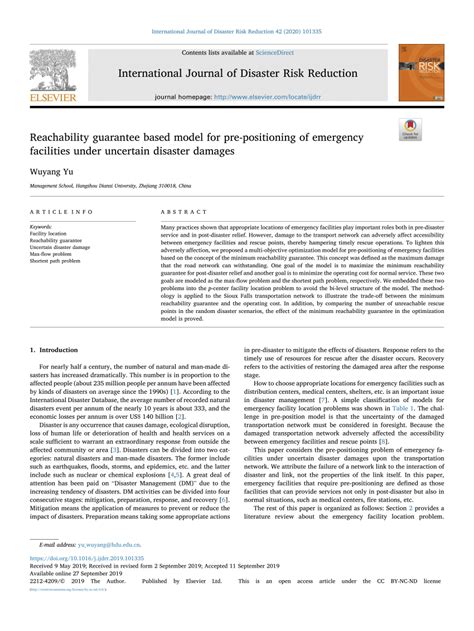 Pdf Reachability Guarantee Based Model For Pre Positioning Of Emergency Facilities Under