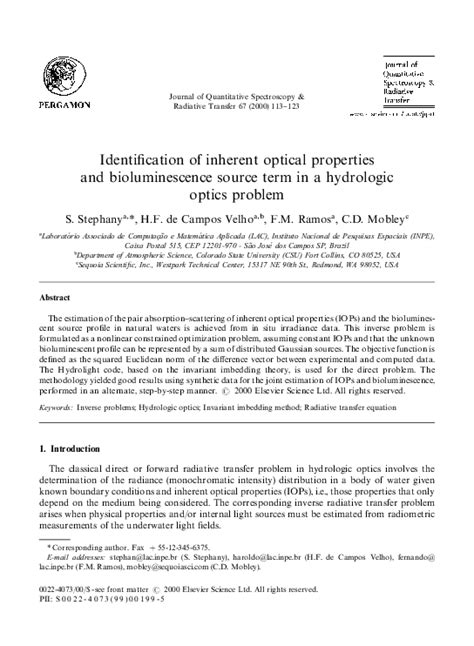Pdf Identification Of Inherent Optical Properties And Bioluminescence Source Term In A
