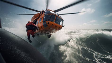 Rescue Team Descending From A Helicopter At A Ship In Distress Stock