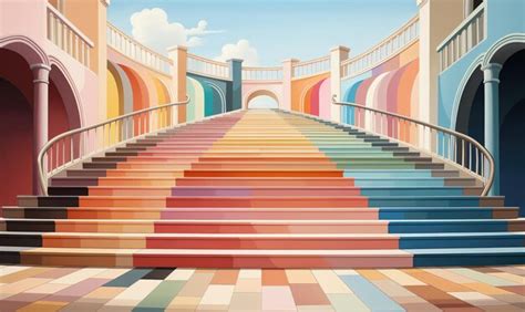 Surreal Flat Design Front View Infinite Staircase Theme Water Color Complementary Color Scheme