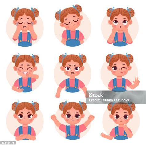 귀여운 어린이 소녀 아바타 얼굴 감정과 감정 작은 아이 얼굴 이모티콘 화가 슬픈 행복 충격과 질문 표현 벡터 세트 소녀에 대한