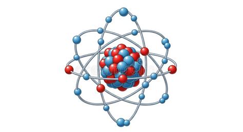 An Atomic Model Illustration Depicts A Central Nucleus Composed Of Red And Blue Spheres