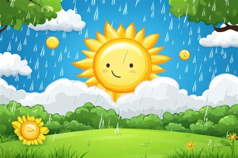 A Cheerful Sun Shines Through Clouds While Rain Falls Over A Vibrant