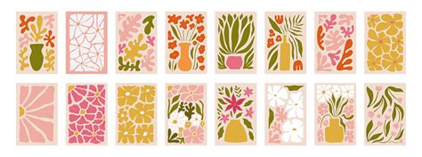 추상적인 꽃 포스터 세트 야생 꽃 식물이 있는 트렌디한 식물 벽 예술 히피 스타일의 나뭇잎 현대의 순진한 그루비 펑키 인테리어 장식 그림 다채로운 평면 벡터 삽화 1960