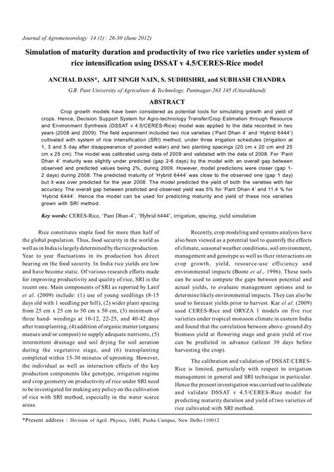 Pdf Simulation Of Maturity Duration And Productivity Of Two Rice