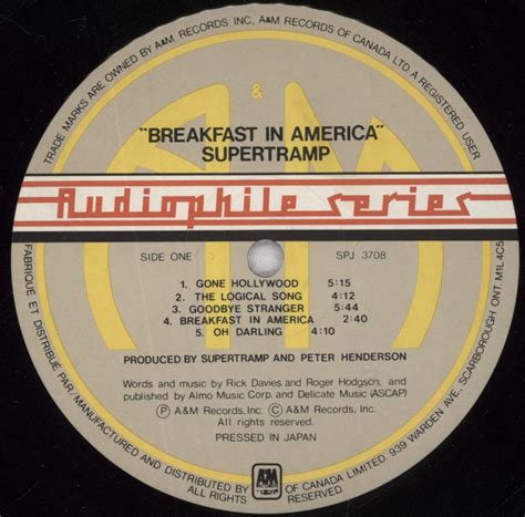 Supertramp Breakfast In America Audiophile Canadian Vinyl Lp