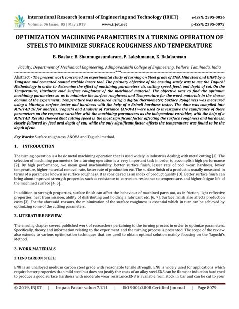 Irjet Optimization Machining Parameters In A Turning Operation Of