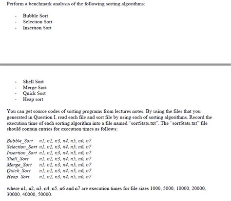 solved perform a benchmark analysis of the following sorting