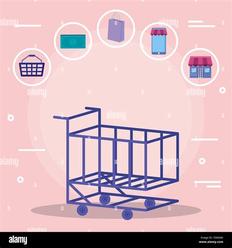 Shopping Cart With Set Commercial Icons Vector Illustration Design