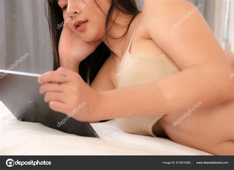 Sexy Woman Using Tablet Her Bedroom Stock Photo Success Media