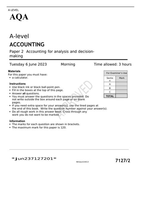 AQA A Level ACCOUNTING Paper 2 Accounting For Analysis And Decision Making FINAL MAY 2023 A