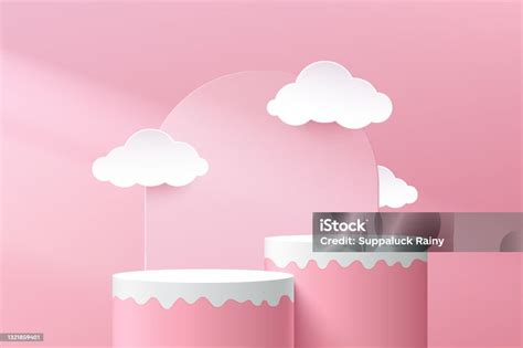 제품 프레젠테이션을 위한 벡터 렌더링 3d 기하학적 모양입니다 핑크 화이트 실린더 받침대 연단 흰색 구름 모양의 종이 컷현대 유체 모양 플랫폼 파스텔 핑크 최소한의 추상장면